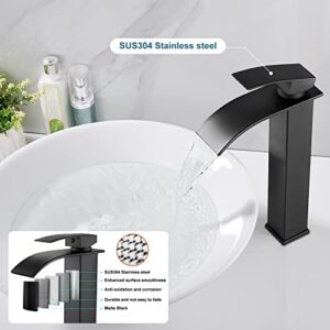 Midanya Tall Waterfall Bathroom Bowl Vessl Sink Faucet Matte Black Single Handle Single Hole Deck Mount Mixer Tap with Large Rectangular Spout Sink Faucet Lavatory Vanity