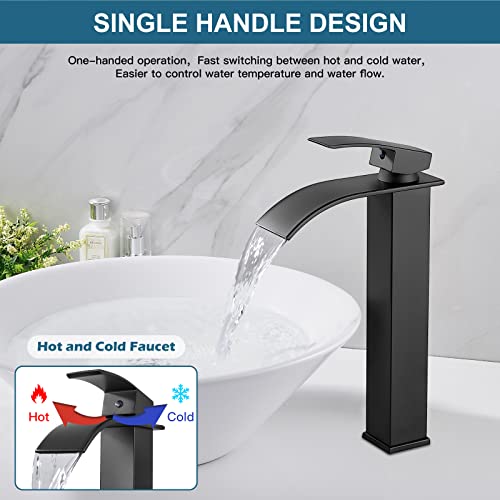 Midanya Tall Waterfall Bathroom Bowl Vessl Sink Faucet Matte Black Single Handle Single Hole Deck Mount Mixer Tap with Large Rectangular Spout Sink Faucet Lavatory Vanity