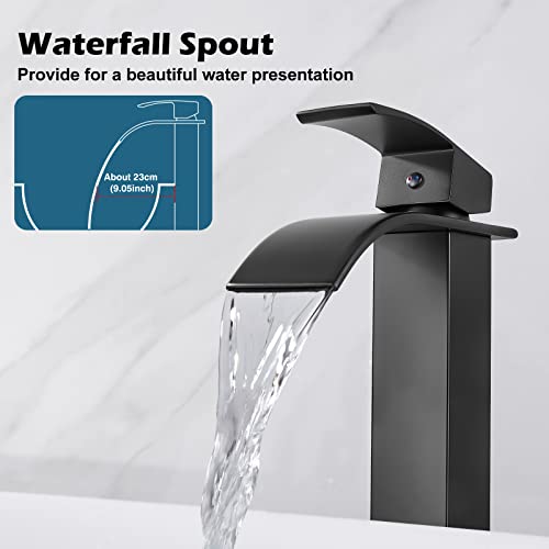 Midanya Tall Waterfall Bathroom Bowl Vessl Sink Faucet Matte Black Single Handle Single Hole Deck Mount Mixer Tap with Large Rectangular Spout Sink Faucet Lavatory Vanity