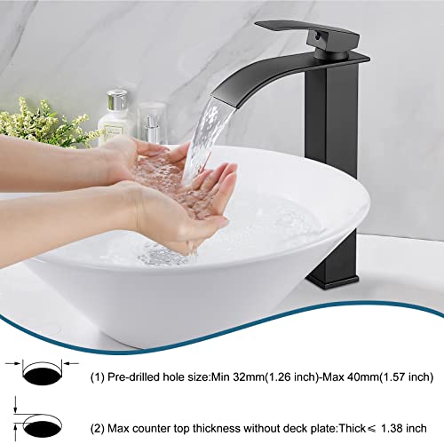 Midanya Tall Waterfall Bathroom Bowl Vessl Sink Faucet Matte Black Single Handle Single Hole Deck Mount Mixer Tap with Large Rectangular Spout Sink Faucet Lavatory Vanity