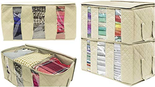 732 - Foldable Storage Bag Organizers, 3 Sections,(2 Pack, Beige) – MN43