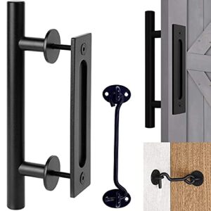 barn door handles black 12 inch - sliding barn door handle with lock barndoor hardware set, bard flat back plate - barnwood kit, inset knobs closet finger flush pulls barnyard barb latch closure pull