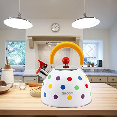 SHANGZHER Cute Tea Kettle Stovetop Whistling Colorful Polka Dots Kettle Stainless Steel Tea Pot Foldable Handle (Polka dots 2.6 Quart / 2.5 Liter)