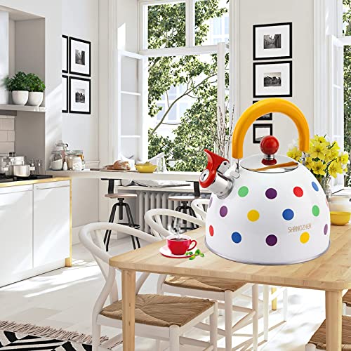 SHANGZHER Cute Tea Kettle Stovetop Whistling Colorful Polka Dots Kettle Stainless Steel Tea Pot Foldable Handle (Polka dots 2.6 Quart / 2.5 Liter)