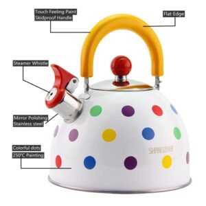 SHANGZHER Cute Tea Kettle Stovetop Whistling Colorful Polka Dots Kettle Stainless Steel Tea Pot Foldable Handle (Polka dots 2.6 Quart / 2.5 Liter)