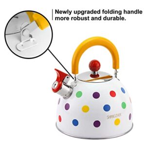 SHANGZHER Cute Tea Kettle Stovetop Whistling Colorful Polka Dots Kettle Stainless Steel Tea Pot Foldable Handle (Polka dots 2.6 Quart / 2.5 Liter)