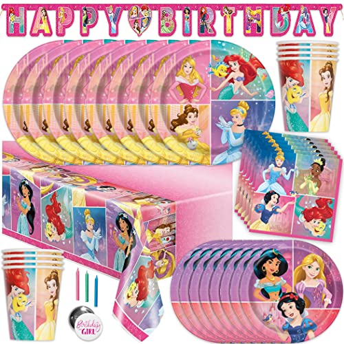 Disney Princess Party Supplies and Decorations for Princess Birthday Party Theme, Serves 16 Guests and Includes Tableware and Decor with Table Cover, Banner, Plates, Napkins & More