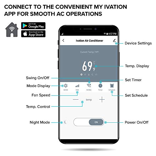 Ivation 12,000 BTU Portable Air Conditioner with Wi-Fi for Rooms Up to 450 Sq Ft (8,000 BTU SACC) 3-in-1 Smart App Control Cooling System, Dehumidifier and Fan with Remote, Exhaust Hose & Window Kit