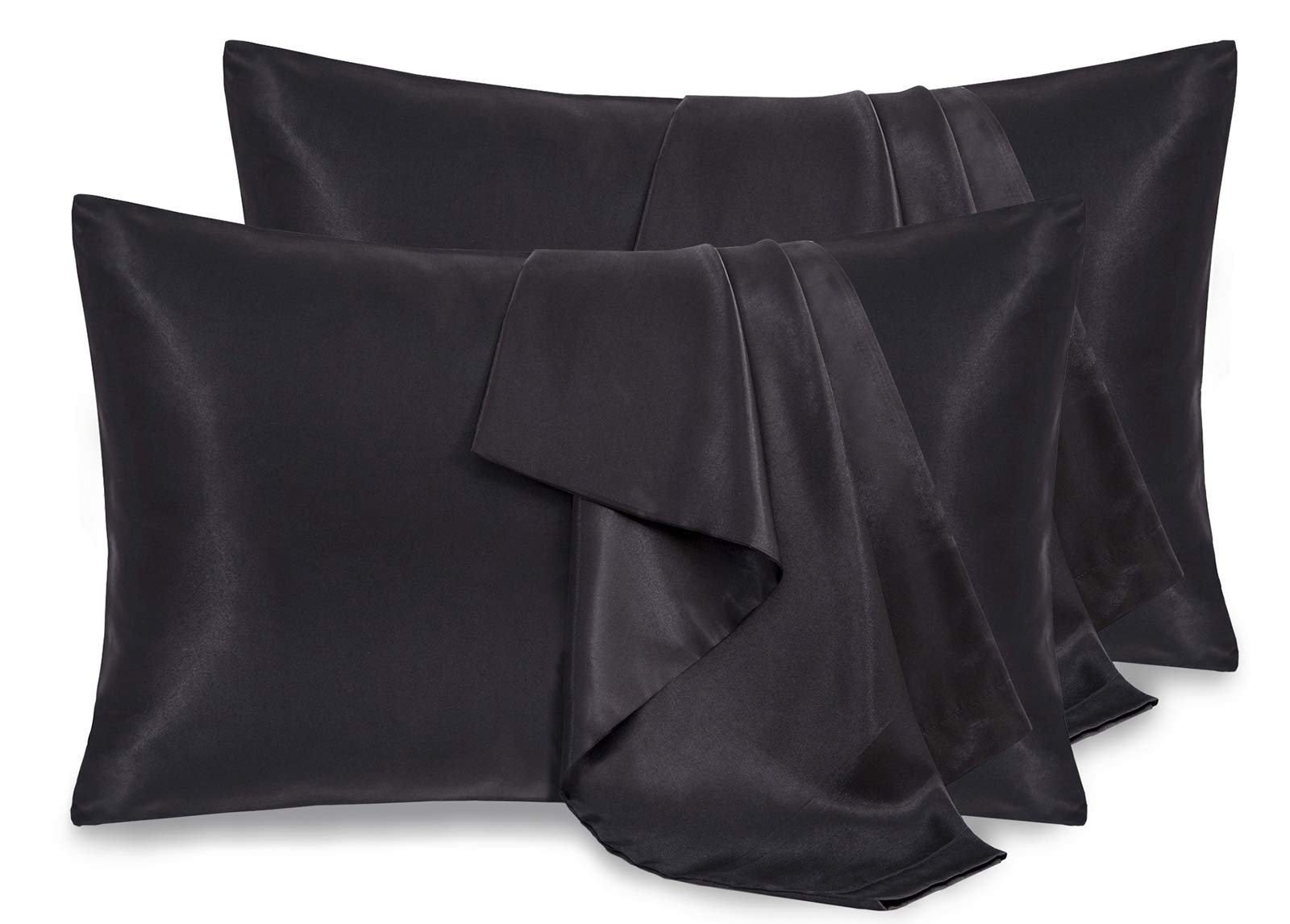 Pothuiny 4 Pack Satin Pillowcase for Hair and Skin Queen, Black Silk Pillowcase Set of 4, Smooth Silky Pillow Covers for Women, with Envelope Closure (20x40 Inches)