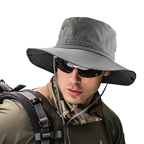 Sun Hats for Men Women for Fishing, Wide Brim Sun Protection Hat with Breathable for Safari, Fisherman, Hiking, Boonie Hats (Gray)