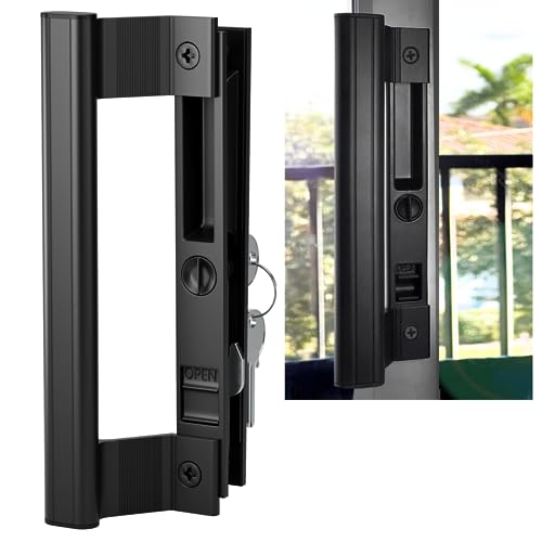 T-HAKEN Sliding Glass Door Handle Set, 6-5/8", Black - Patio Door Handle Replacement That is 1 in. to 1-1/8 in. Thick Used on Both Left and Right-Handed. (Keyed).