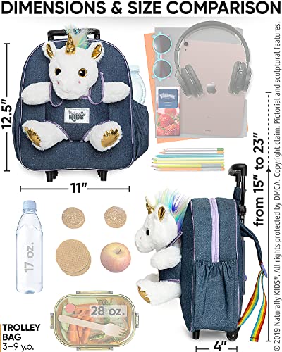 Naturally KIDS Rolling Backpack for Girls, Toddler Luggage for Girls, Toddler Suitcase for Girls, Toddler Unicorn Backpack for Girls 4-6, Kids Backpacks Girls Kindergarten, Roller Backpacks Girls Boys