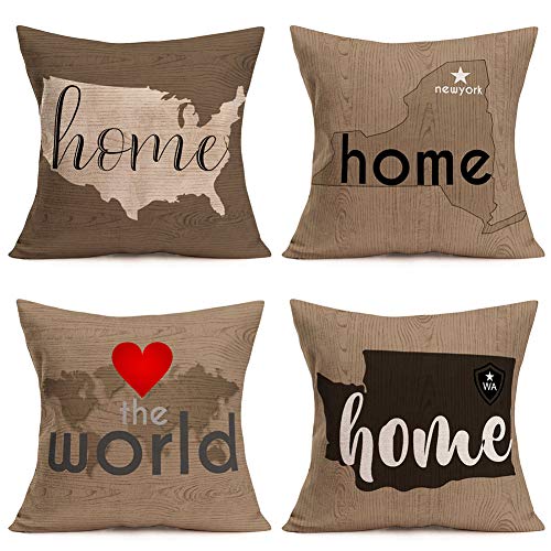 Xihomeli Cotton Linen Home Decorative 18x18 Inch Throw Pillow Covers Set of 4 Wood Grain America Map Washington New York Cushion Case Love The World Quotes Pillowcase