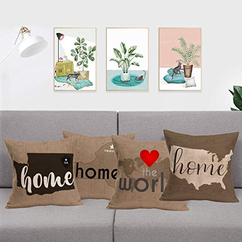 Xihomeli Cotton Linen Home Decorative 18x18 Inch Throw Pillow Covers Set of 4 Wood Grain America Map Washington New York Cushion Case Love The World Quotes Pillowcase