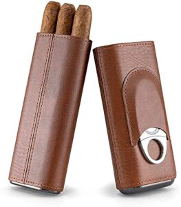 oyydecor cigar case cigar 3- finger carrying case set cedar wood lined leather, cigar humidor with silver stainless steel cutter (brown)