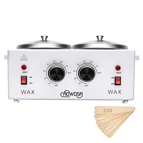 Double Wax Warmer Professional Electric Wax Heater Machine for Hair Removal, Dual Wax Pot Paraffin Facial Skin Body SPA Salon Equipment with Adjustable Temperature Set - 100 Wax Applicator Sticks