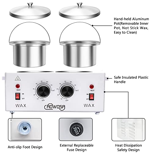 Double Wax Warmer Professional Electric Wax Heater Machine for Hair Removal, Dual Wax Pot Paraffin Facial Skin Body SPA Salon Equipment with Adjustable Temperature Set - 100 Wax Applicator Sticks