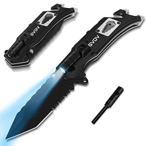 gvdv pocket knife with led light - multitool folding tactical knife with 440c sharp blade, 9 in 1 survival knife with seatbelt cutter, glass breaker, fire starter, emergency tool