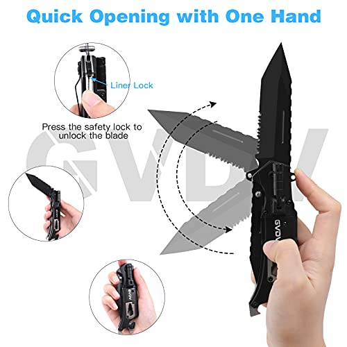 GVDV Pocket Knife with LED Light - Multitool Folding Tactical Knife with 440C Sharp Blade, 9 in 1 Survival Knife with Seatbelt Cutter, Glass Breaker, Fire Starter, Emergency Tool