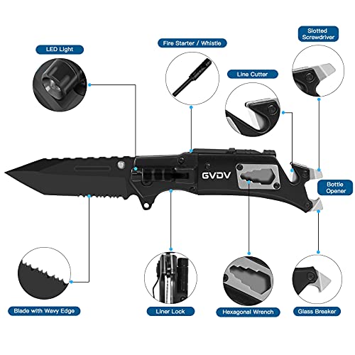 GVDV Pocket Knife with LED Light - Multitool Folding Tactical Knife with 440C Sharp Blade, 9 in 1 Survival Knife with Seatbelt Cutter, Glass Breaker, Fire Starter, Emergency Tool