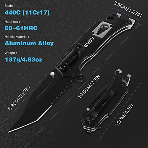 GVDV Pocket Knife with LED Light - Multitool Folding Tactical Knife with 440C Sharp Blade, 9 in 1 Survival Knife with Seatbelt Cutter, Glass Breaker, Fire Starter, Emergency Tool