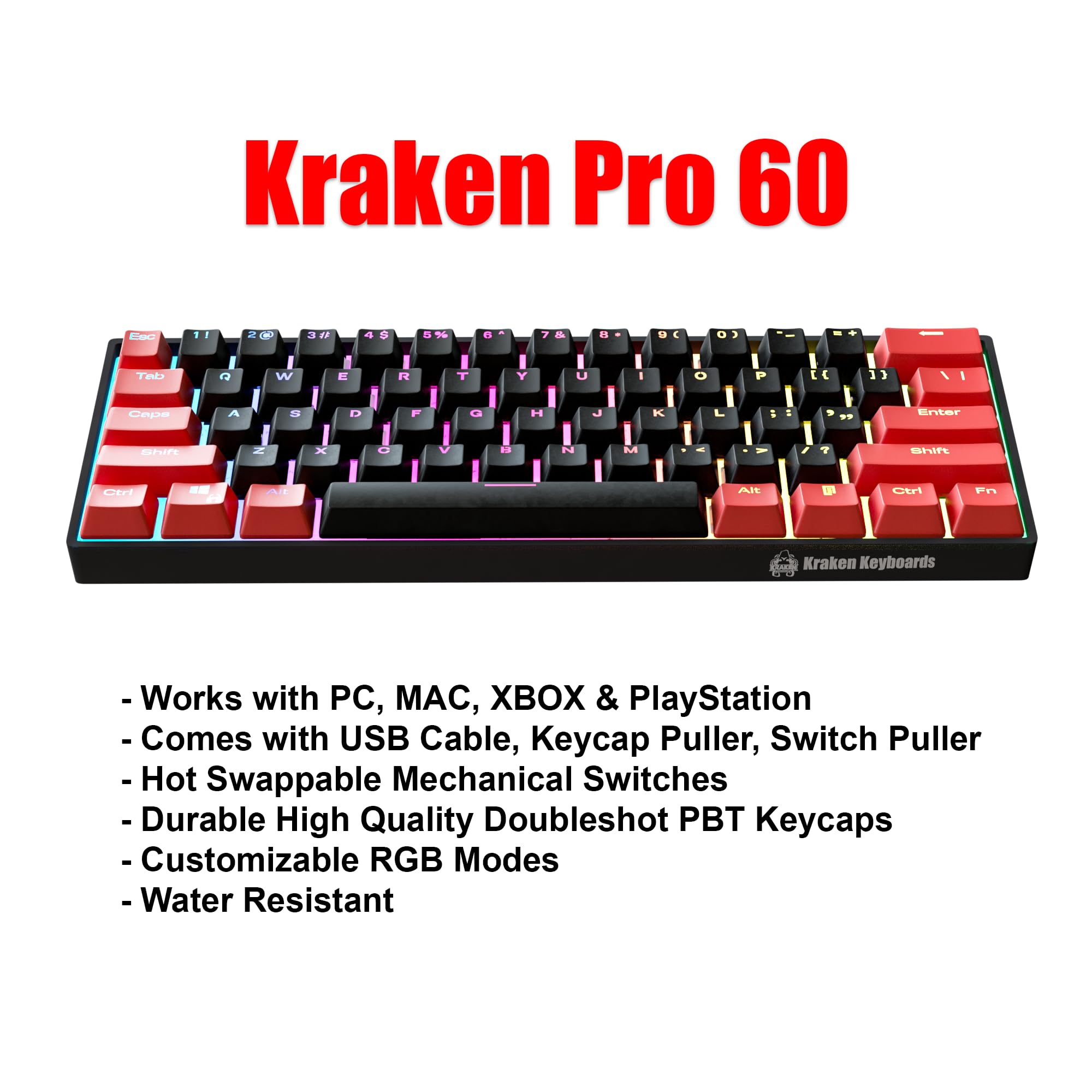 Kraken Keyboards Reverse BRED Edition Kraken Pro 60 | Red & Black 60% HOT SWAPPABLE Mechanical Gaming Keyboard for Gaming On PC, MAC, Xbox and Playstation (Reverse BRED | Silver Switches)