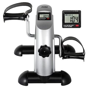 mini exercise bike, agm under desk bike pedal exerciser foot cycle arm & leg peddler exerciser machine with lcd screen displays (sliver)