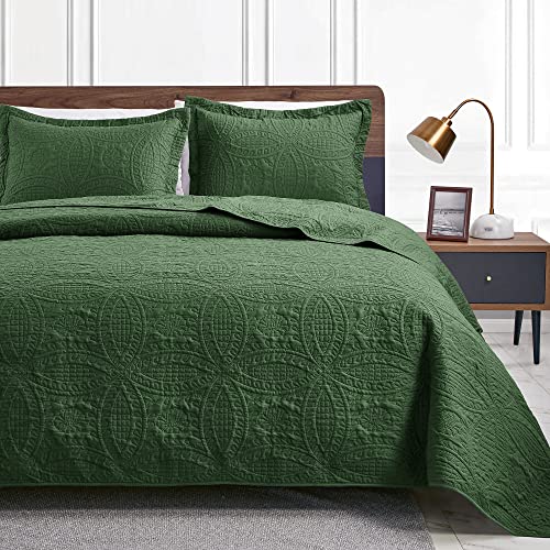 Love's cabin King Size Quilt Set Olive Green Bedspreads - Soft Bed Summer Lightweight Microfiber Bedspread- Modern Style Coin Pattern Coverlet for All Season - 3 Piece (1 Quilt, 2 Pillow Shams)