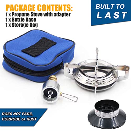 RANDDER Propane Stove Portable Camping Gas Stove 10,000 BTU Bottletop Single Adjustable Burner with 1 lb Tank Base Carrying Case Great for Emergencies Outdoor (Gas Stove & Base (Set-2))