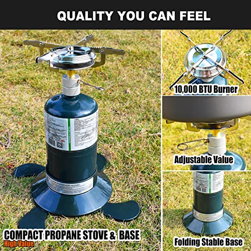 RANDDER Propane Stove Portable Camping Gas Stove 10,000 BTU Bottletop Single Adjustable Burner with 1 lb Tank Base Carrying Case Great for Emergencies Outdoor (Gas Stove & Base (Set-2))