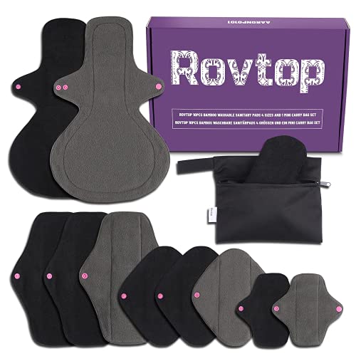 Rovtop 10 Pcs Reusable Sanitary Pads, Washable Black Cloth Menstrual Pads/Menstrual Towel/Sanitary Napkins with Bamboo Charcoal Absorbent Layer, 3 Size Replace and 1 Mini Waterproof Portable Bag