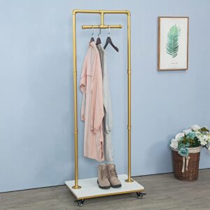 furvokia industrial pipe and wood rolling clothes retail heavy duty garment racks,metal clothing store hanger storage shelves,floor-standing display rack,decor pipeline shelf (gold)