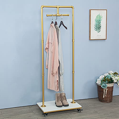 FURVOKIA Industrial Pipe and Wood Rolling Clothes Retail Heavy Duty Garment Racks,Metal Clothing Store Hanger Storage Shelves,Floor-Standing Display Rack,Decor Pipeline Shelf (Gold)