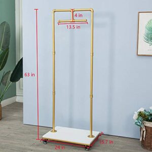 FURVOKIA Industrial Pipe and Wood Rolling Clothes Retail Heavy Duty Garment Racks,Metal Clothing Store Hanger Storage Shelves,Floor-Standing Display Rack,Decor Pipeline Shelf (Gold)