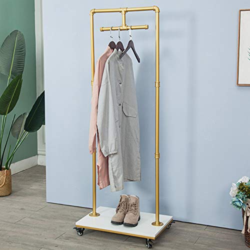 FURVOKIA Industrial Pipe and Wood Rolling Clothes Retail Heavy Duty Garment Racks,Metal Clothing Store Hanger Storage Shelves,Floor-Standing Display Rack,Decor Pipeline Shelf (Gold)