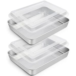 teamfar rectangular cake pans with lids, 10.5’’ x 8’’ x 2’’ stainless steel lasagna brownie pan for baking roasting, healthy & durable, brushed surface & dishwasher safe, (2 pans+2 lids)