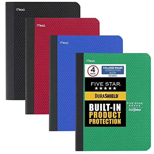 Five Star DuraShield Notetaking Composition Books, 4 Pack, 1 Subject, College Ruled Notebooks, 10-1/2" x 8", 100 Sheets, Black, Red, Blue, Green (850016-ECM)