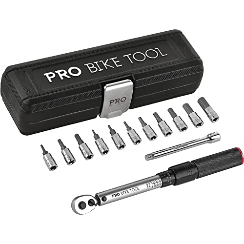 PRO BIKE TOOL 1/4 Inch Drive Click Torque Wrench Set – Inch Pound Nm Dual Readout – Bicycle Maintenance Kit for Road & Mountain Bikes - Includes Allen & Torx Sockets, Extension Bar & Storage Box