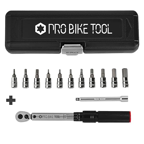 PRO BIKE TOOL 1/4 Inch Drive Click Torque Wrench Set – Inch Pound Nm Dual Readout – Bicycle Maintenance Kit for Road & Mountain Bikes - Includes Allen & Torx Sockets, Extension Bar & Storage Box