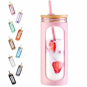 kodrine 20oz glass water tumble with straw and lid,bamboo lids water bottle, iced coffee cup reusable, wide mouth smoothie cups, straw silicone protective sleeve bpa free-pink