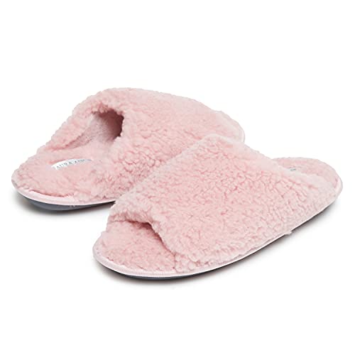 Laura Ashley Women's Sherpa Open Toe Scuff Slippers with Memory Foam, Soft Plush House Slippers for Ladies