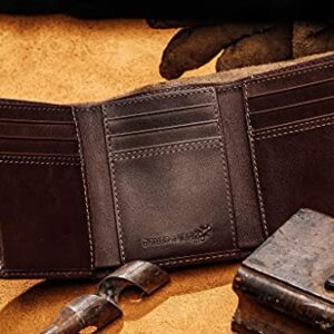 HoJ Co. Dutton Extra Capacity Trifold Wallet with Flip Out ID| 9 Card Slots & 3 Pockets | Full Grain Nappa Leather | Brown Tri fold Wallet