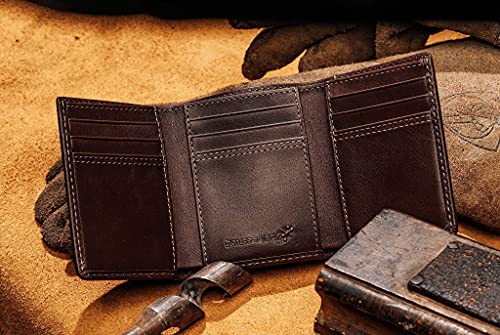 HoJ Co. Dutton Extra Capacity Trifold Wallet with Flip Out ID| 9 Card Slots & 3 Pockets | Full Grain Nappa Leather | Brown Tri fold Wallet