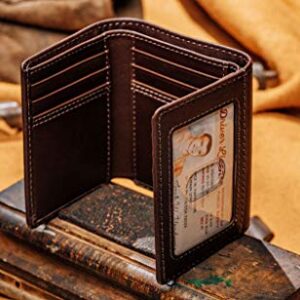 HoJ Co. Dutton Extra Capacity Trifold Wallet with Flip Out ID| 9 Card Slots & 3 Pockets | Full Grain Nappa Leather | Brown Tri fold Wallet