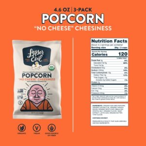 LesserEvil No Cheese Cheesiness Organic Popcorn, Premium Quality, Minimally Processed, No Vegetable Oil, 4.6 Oz, Pack of 3.