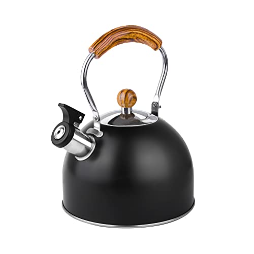 Whistling Tea Kettle, ENLOY 2.65 Quart Food Grade Stainless Steel Tea Kettles with Wood Pattern Folding Handle, Loud Whistle for Tea, Coffee, Milk etc, Gas Electric Applicable