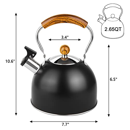 Whistling Tea Kettle, ENLOY 2.65 Quart Food Grade Stainless Steel Tea Kettles with Wood Pattern Folding Handle, Loud Whistle for Tea, Coffee, Milk etc, Gas Electric Applicable