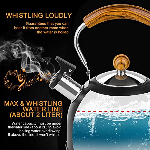 Whistling Tea Kettle, ENLOY 2.65 Quart Food Grade Stainless Steel Tea Kettles with Wood Pattern Folding Handle, Loud Whistle for Tea, Coffee, Milk etc, Gas Electric Applicable