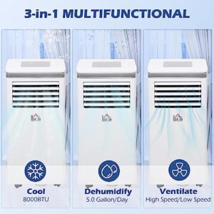 HOMCOM 8000 BTU Mobile Portable Air Conditioner for Home Office Cooling, Dehumidifier, and Ventilating, Portable AC Unit with Remote Control, 24H Timer, White