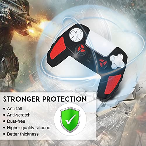 SIKEMAY PS5 Controller Cover Skin, Anti-Slip Thicken Silicone Protective Cover Case Perfectly Compatible with Playstation 5 Dualsense Controller Grip with 10 x Thumb Grip Caps (Black-Red)